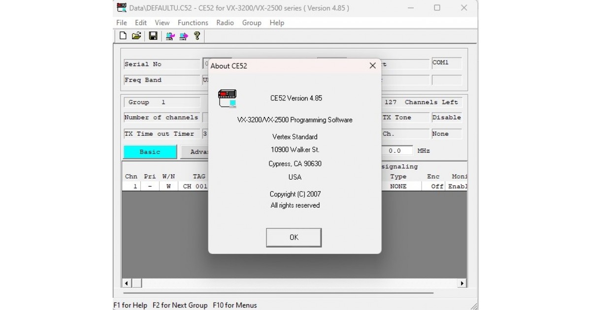 Vertex Standard CE-52 VX-2500, VX-3200 Programming Sofware ...